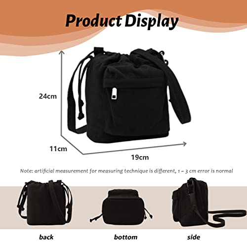 Emprier Women's Small Bucket Bags and Purse Small Canvas Tote Handbag Drawstring Hobo and Shoulder Handbags Black