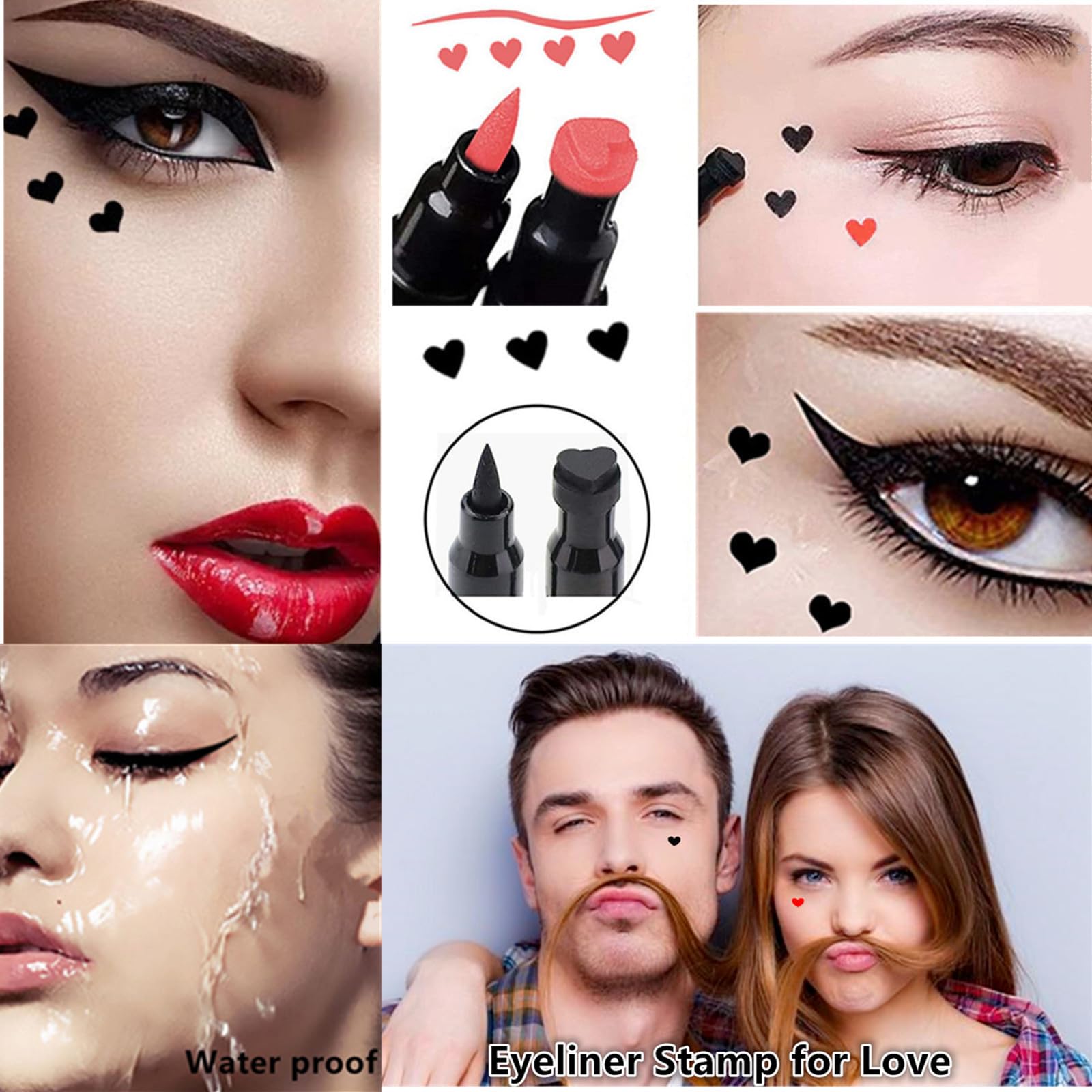 Go Ho Liquid Eyeliner Stamp,Heart Stamp Eyeliner Makeup on Valentine's Day,Double-Side Seal Waterproof Black Eyeliner Pen,Long-lasting Smudge-proof Eyeliner Pencil,Dark Black,1 PC