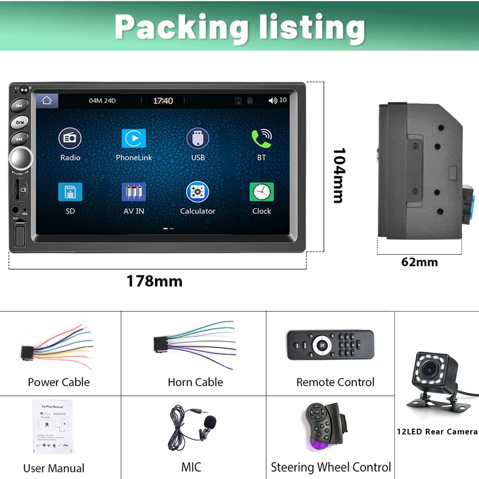 Double Din Car Stereo Compatible with Apple CarPlay and Android Auto, 7 Inch HD Touch Screen Car Radio with Mirror Link Voice Control SWC,Car Audio Receivers with Bluetooth FM Radio+Backup Camera