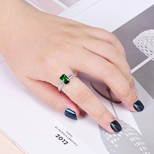 Empsoul 925 Sterling Silver Solitaire Ring Baguette Cut Green Emerald Quartz Wedding Engagement Ring for Women Size 7