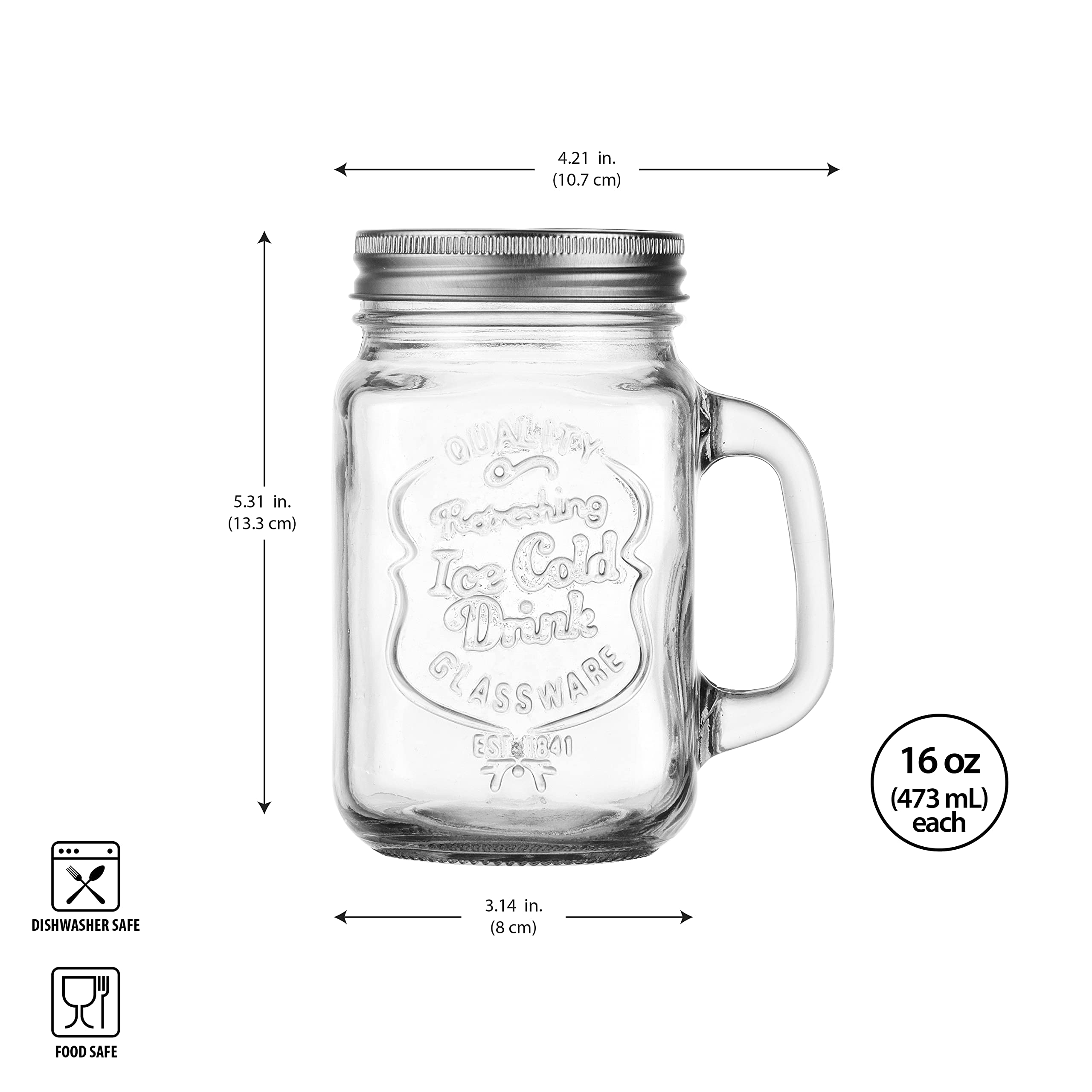 Glaver's Mason Drinking Jars β Set of 4, 16 Oz Clear Glass Jar with Handle and Lid. β Ice-Cold Drink Glassware Logo β Glass Mugs Ideal for Cold Beverages, Juice, Smoothie, Cocktails.