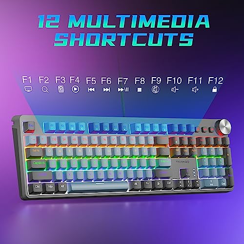 Mechanical Gaming Keyboard, RGB Backlit 104 Keys Full Size Keyboard with Multimedia Knob, Double Shot Keycaps, Full Anti-Ghosting, Blue Switch Wired Computer Keyboard for Windows PC Mac Xbox Gamer
