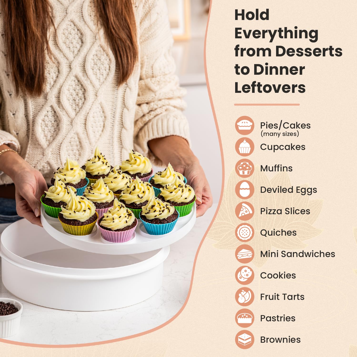 Lotus Fine Goods Premium 4 in 1 Cupcake Carrier with Lid - Cupcake, Deviled Egg, Pie & Cake Container - Includes Pie Crust Shield & 12 Silicone Baking Cups