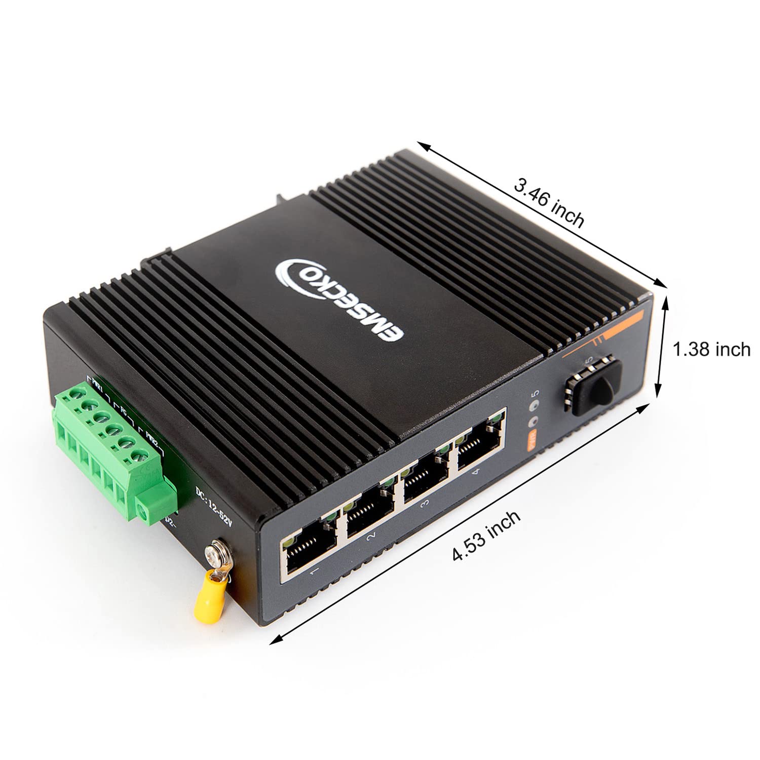 EMSECKO 5 Ports Industrial Gigabit DIN-Rail Network Switch, 1000BASE 4 Ports RJ45 Ethernet & 1 Port Fiber Optic SFP for CCTV Networking (Anti-Reverse Connection 12V~52V DC Input)