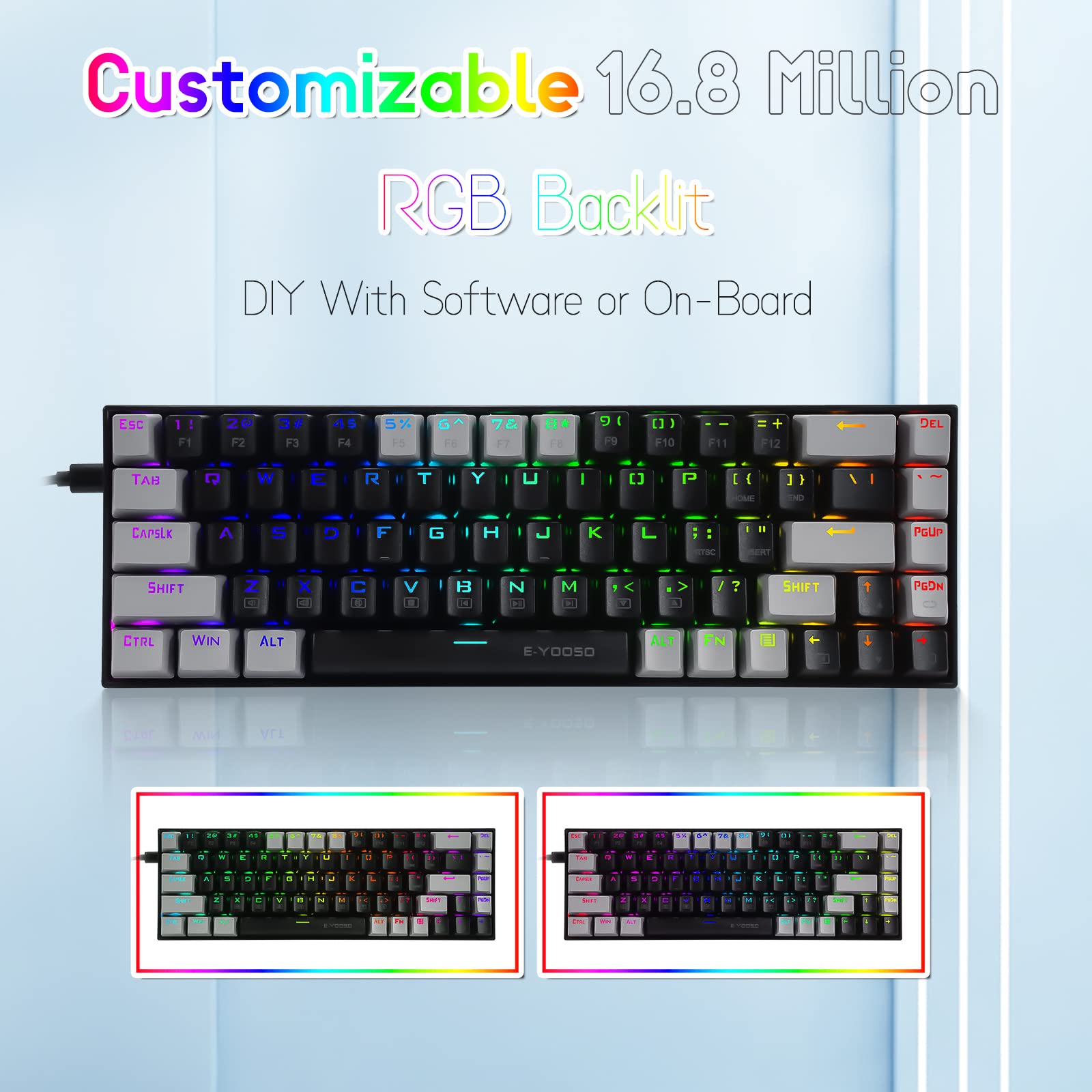 HUO JI 65% RGB Gaming Keyboard, E-YOOSO Z-686 Wired 68 Keys Mechanical Keyboard, Clicky Blue Switches, Pro Software Supported, Detachable USB-C Cable, Separate Arrow Keys - Black/Grey