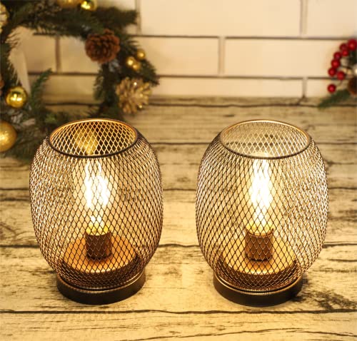 JHY DESIGN Set of 2 Metal Cage LED Lantern Battery Powered,Cordless Accent Light with LED.Great for Weddings,Parties,Patio,Events for Indoors Outdoors(Round Shape