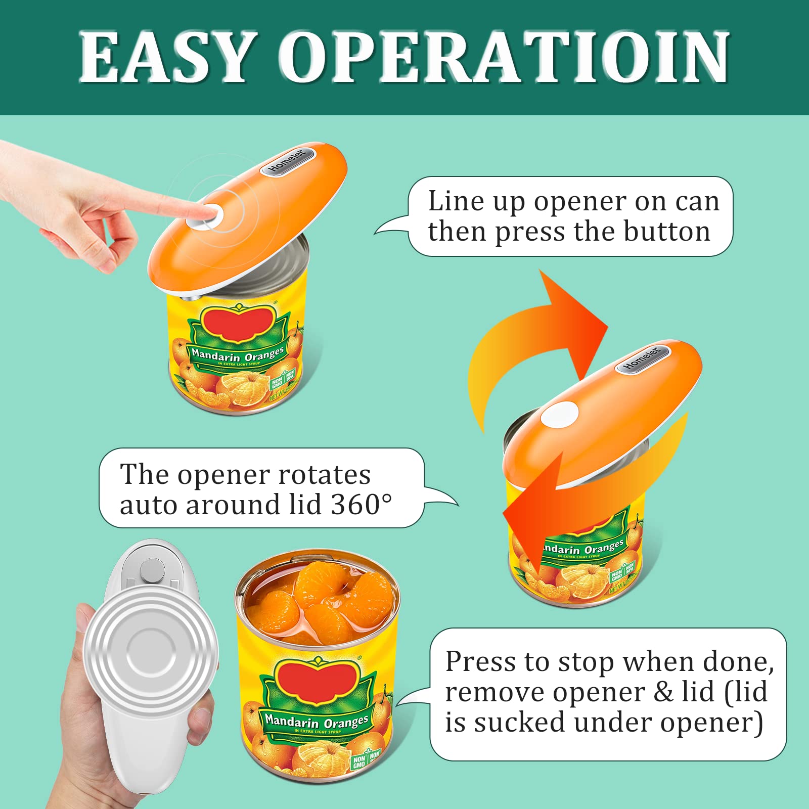 Homelet Electric Can Opener Smooth Edge Safe One Touch Labor Saving Heavy Duty Stainless Steel Automatic Can Opener For Seniors/Arthritics/Women/Kid Kitchen Camping Bottle Opener
