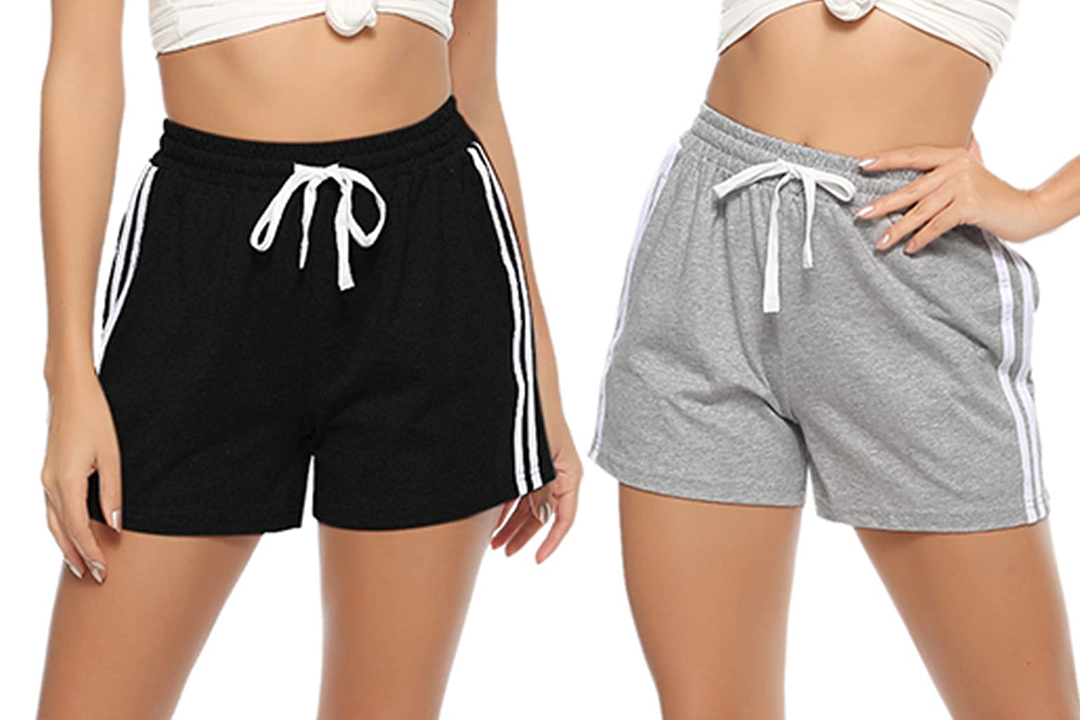 Frolitre Womens Sweat Shorts Casual Summer Athletic Shorts Elastic Comfy Shorts High Waist Shorts with Side Stripes Black