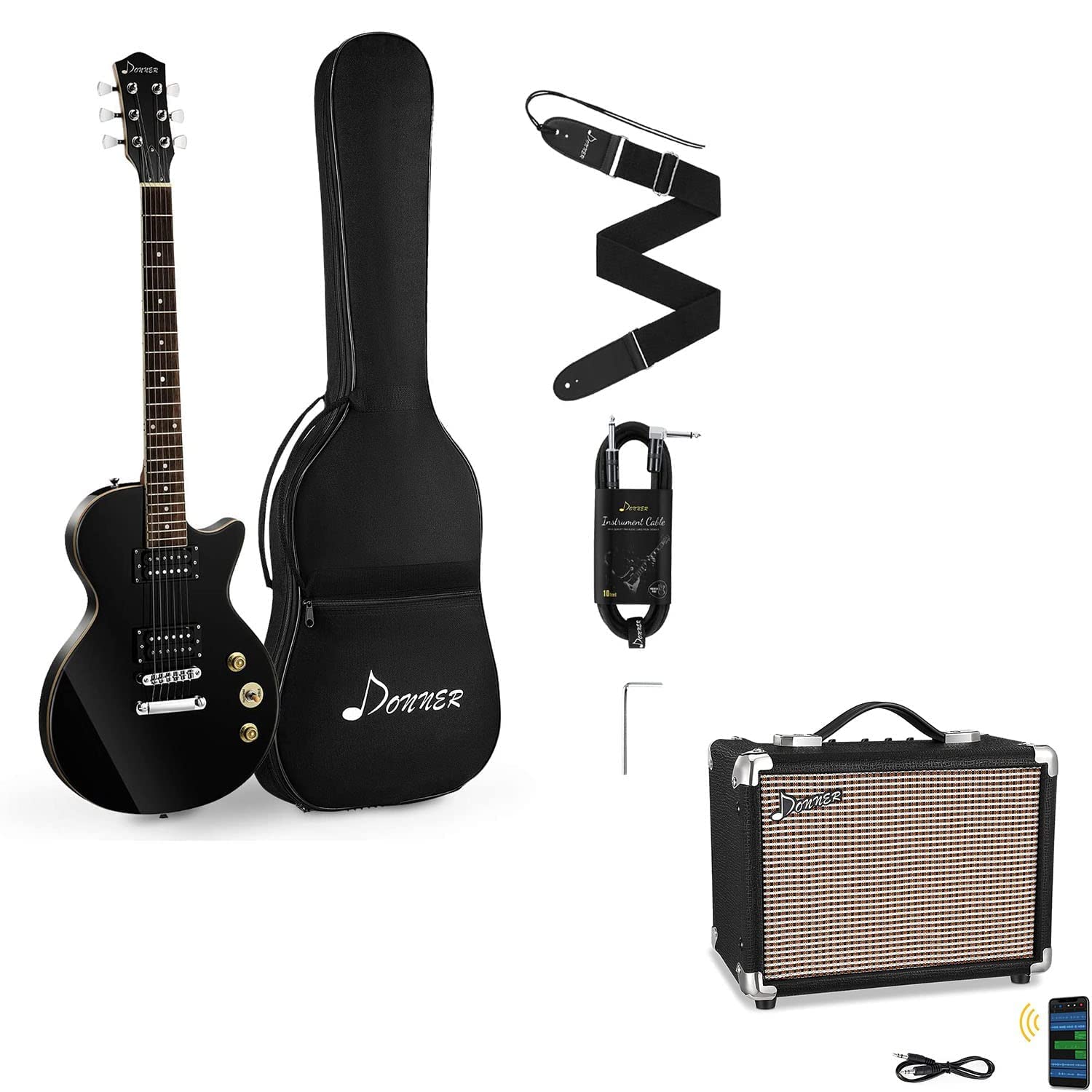 Donner DLP-124B LP Electric Guitar & 10W Guitar Amplifier, Electric Bass Guitar Amp Protable with APP Effector Input for Recording,Acoustic Guitar Combo Practice Amp Protable M-10 with Distortion Tone