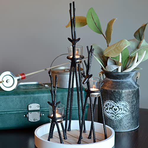 Rustic Reindeer Votive Candle Holders, Set of 3, Handmade, Forged Black Aluminum, Glass Cups, 10.25, 14.25, and 20 Inches