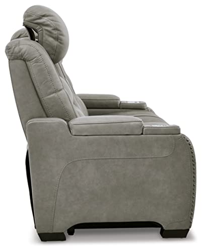 Signature Design by Ashley The Man-Den Leather Power Reclining Sofa with Adjustable Headrests & Wireless Charging, Gray