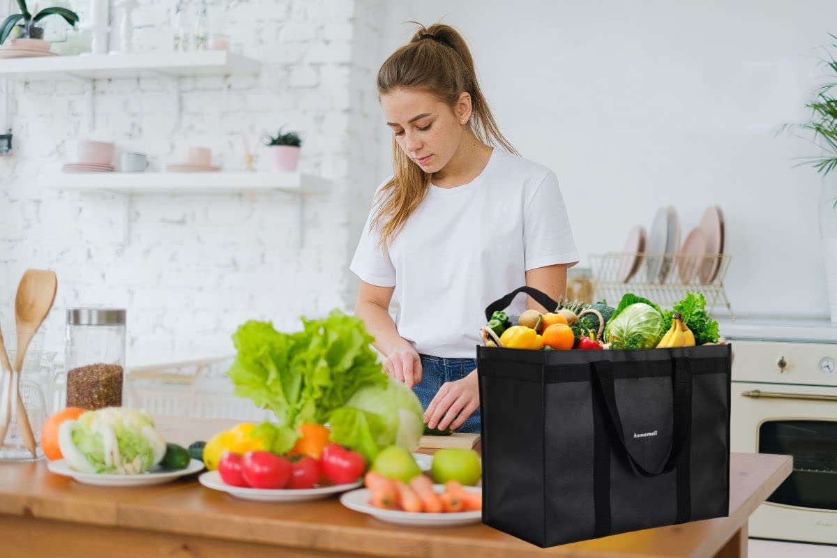 Homemell Heavy Duty Reusable Grocery Bags, Extra Large Collapsible Tote Holds 100 LBS, Extra-Strength Premium Material (Black, 6-Pack)