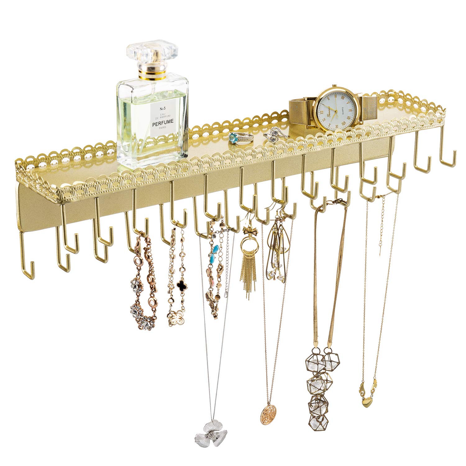MyGift 26-Hook Gold-Tone Wall-Mounted Metal Jewelry Organizer with Display Shelf