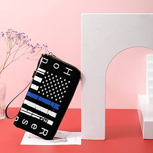 FunnyStar Thin Blue Line American Flag Women's Long RFID Hand Wallet Wristlet Clutch Purse PU Leather Handbag with Wrist Strap