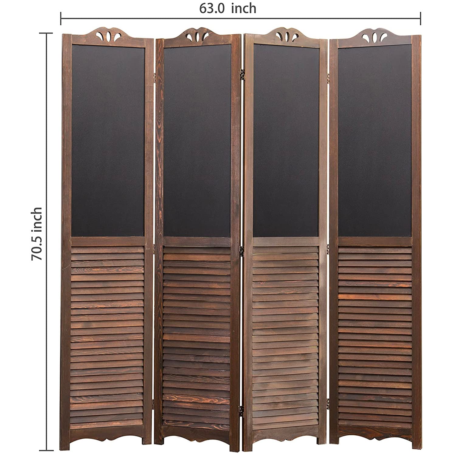 MyGift 4 Panel Rustic Dark Brown Wood Folding Room Divider Decorative Semi Private Screen with Chalkboard Panels and Two Way Hinges