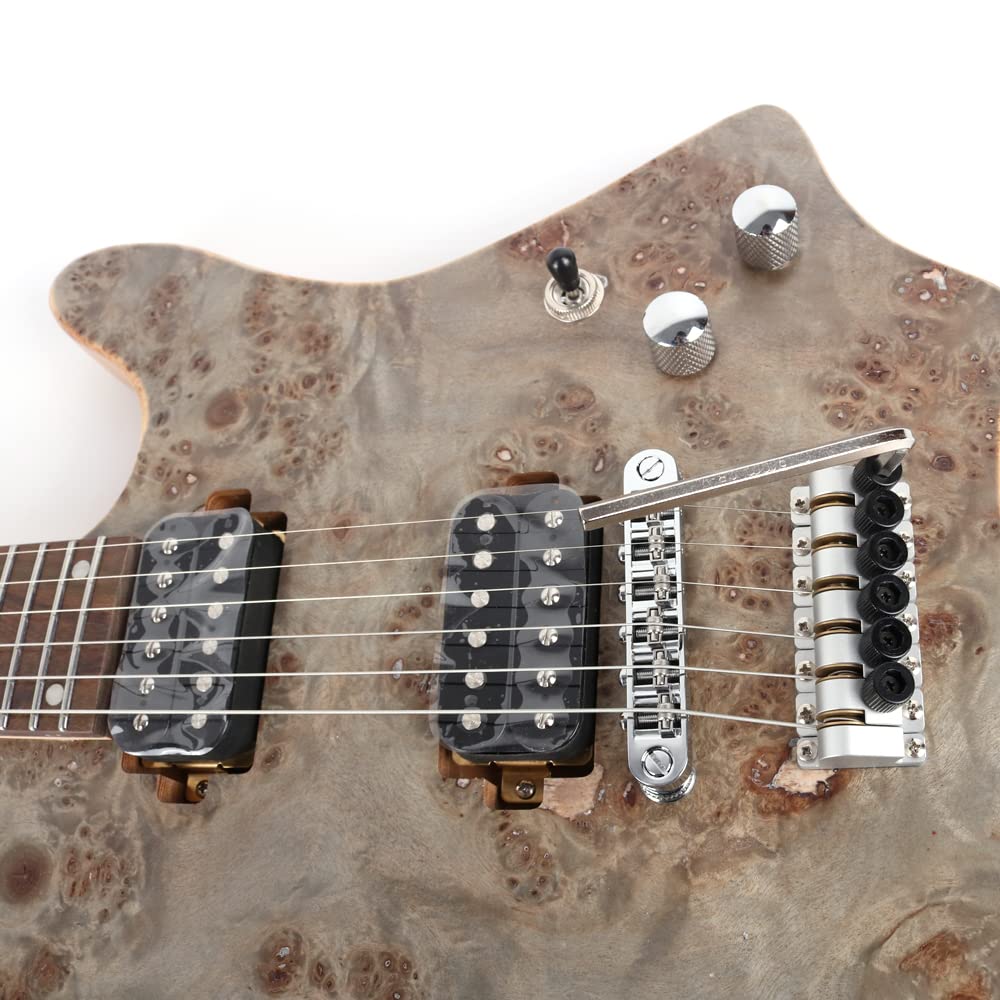 Fojill Full Scale Length Travel Portable Electric Guitars Mini Burled Maple Headless Electric Guitar (Black)