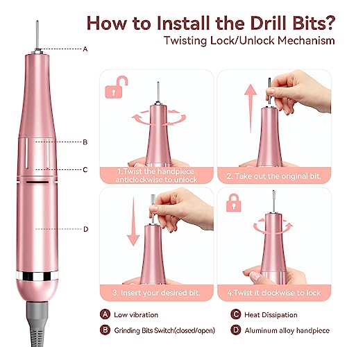 Nail Drill 35000RPM, Rechargeable Electric Nail Drill Machine, Cordless Nail File Drill E File for Acrylic Gel Grinder Tools with 11Pcs Nail Drill Bits for Manicure Pedicure Shape Carve Polish