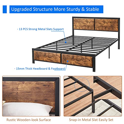 VECELO Full Platform Bed Frame with Rustic Vintage Wood Headboard, Mattress Foundation, Strong Metal Slats Support, No Box Spring Needed