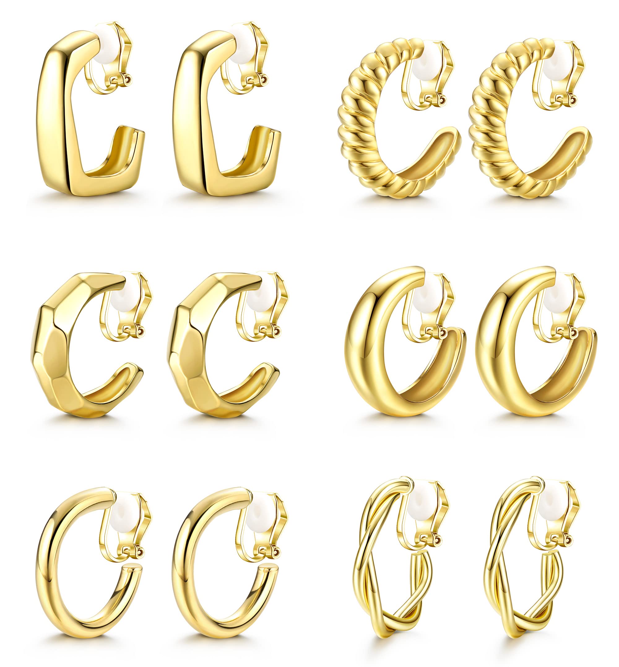FUNRUN JEWELRY 6Pairs Clip on Hoop Earrings for Women Gold Chunky Hoop Earrings Non Piercing Fake Earrings Set(Gold)
