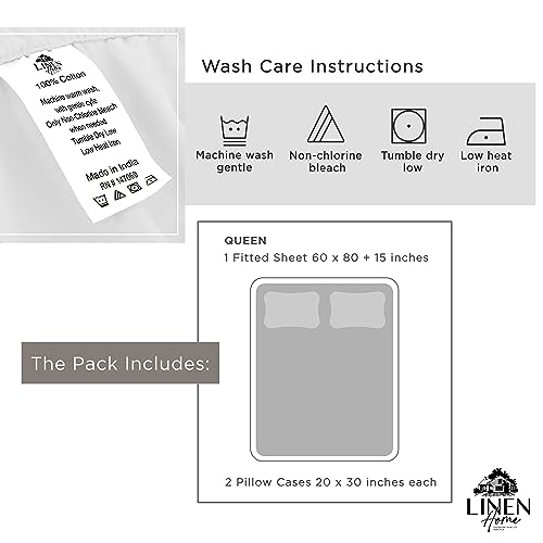 Linen Home 100% Cotton Percale Fitted Sheet Set Queen Size, Silver, Deep Pocket, 3 Piece -1 Deep Pocket Fitted Sheet and 2 Pillowcases, Crisp Cool and Strong Bed Linen