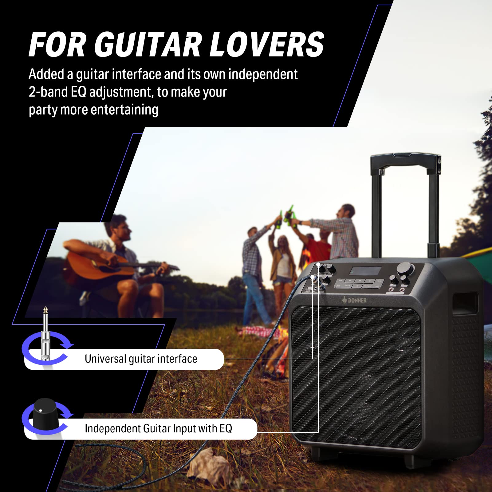 Donner Portable Bluetooth Speaker, PA System Subwoofer for Christmas, Karaoke Machine with 2 Wired Microphones, Supports Voice Changing, Treble/Bass Adjustment, Guitar Input, AUX, FM/AM, USB-Charging