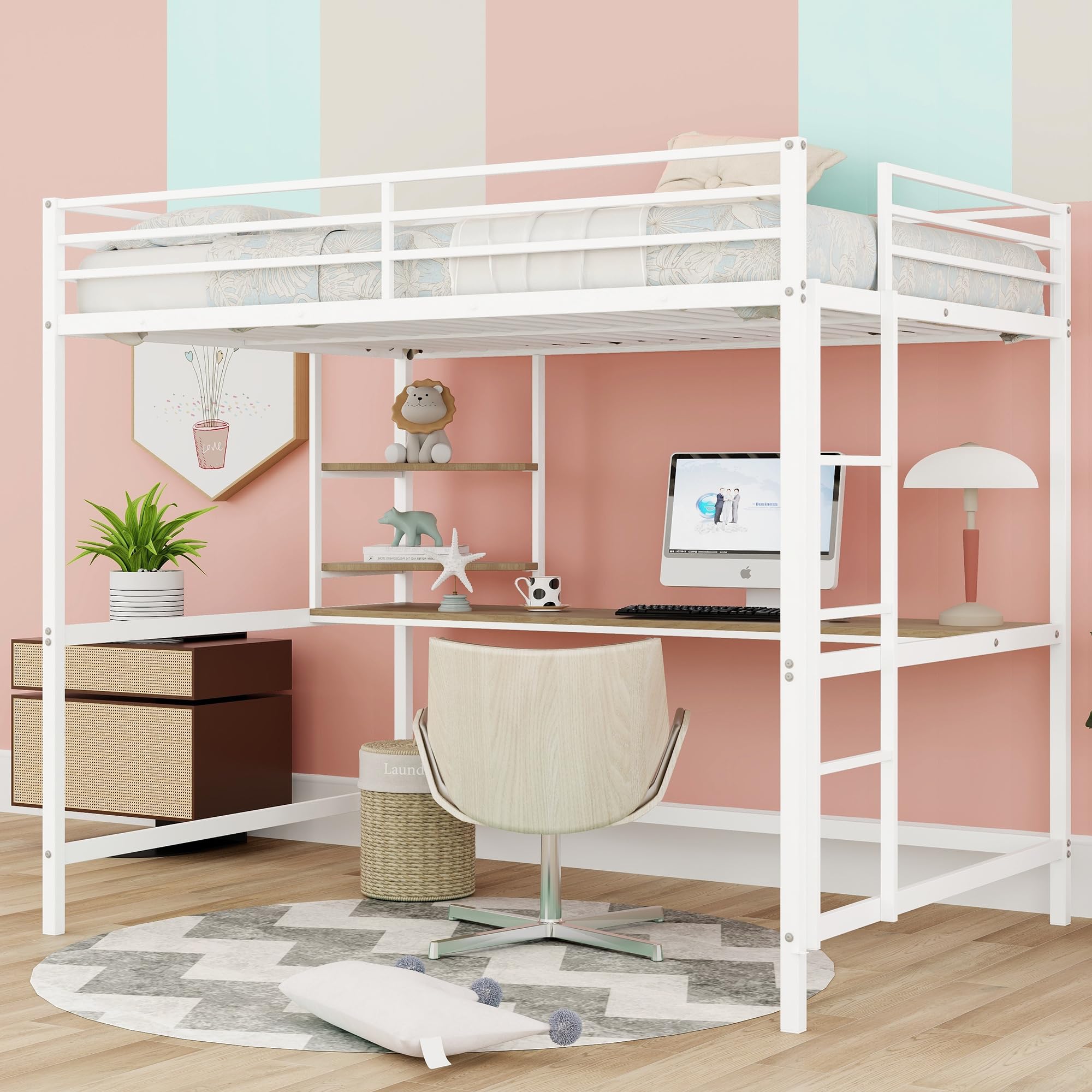 Full Size Loft Bed with Desk and Storage Shelves,Heavy-Duty Loft Bed Full for Kids,Metal Loft Bed Frame with Safety Guardrail,Space-Saving(Full,White)