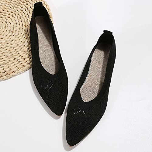 FASDNENDYS Ladies Fashion Solid Color Breathable Knitting Pointed Shallow Flat Casual Shoes Sandals Inside Home Black