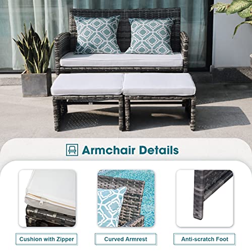 OC Orange-Casual Outdoor Loveseat Patio Furniture Rattan Conversation Set with Ottoman, White Cushions, Grey Wicker, Pillows Included