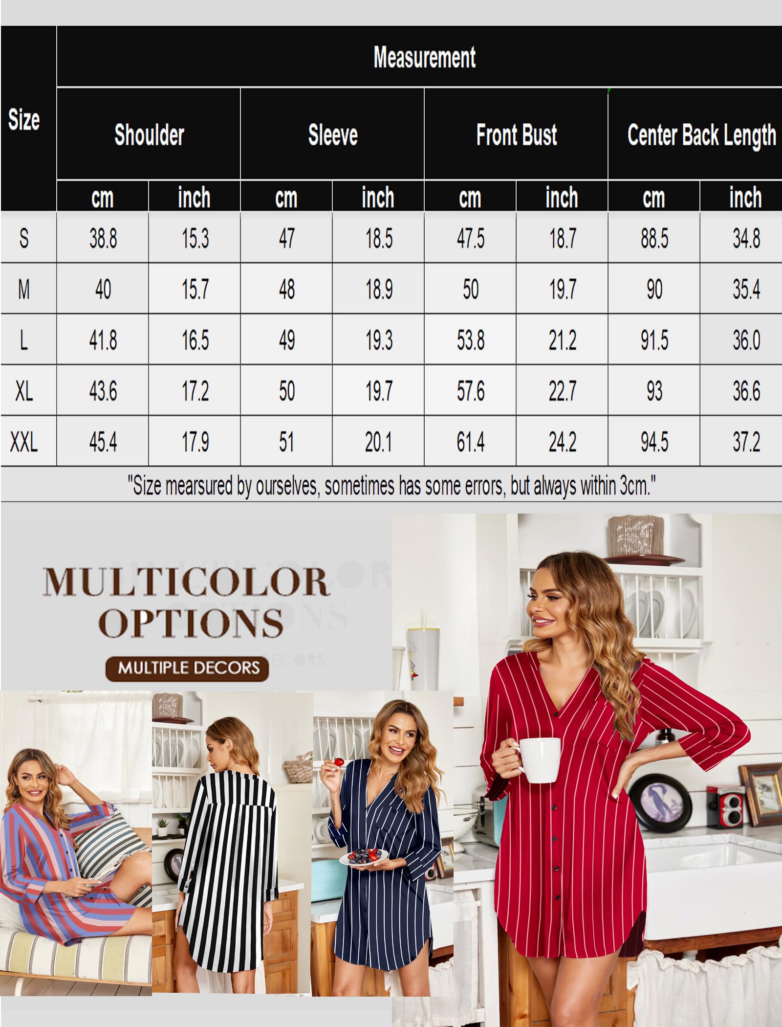 Ekouaer Women's Nightshirt Soft Nightwear Loose Sleepwear Button Down Nightdress Striped Sleepshirts White Grey Stripe,L