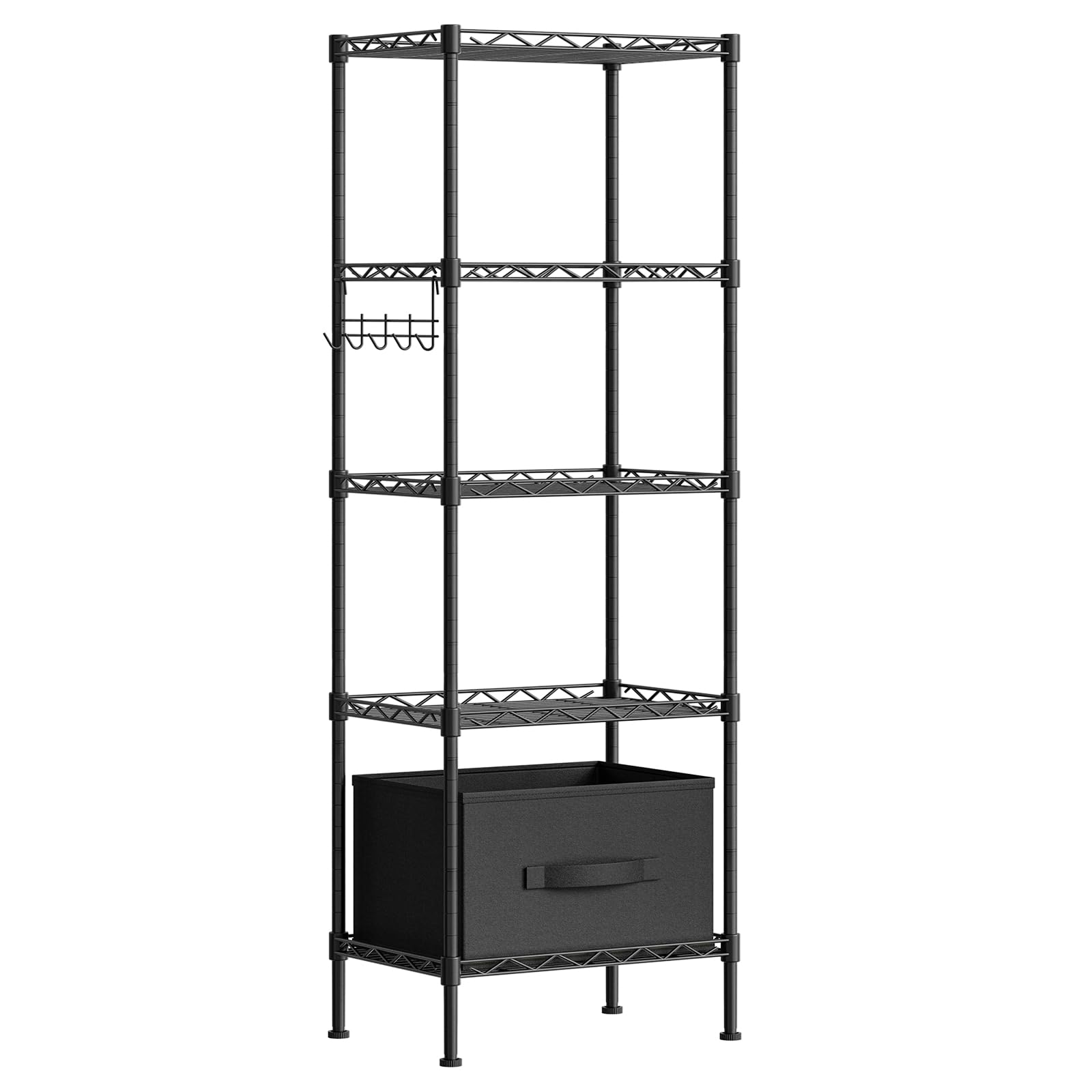HOOBRO 5-Tier Storage Rack, Wire Shelving Unit with Adjustable Shelves, Standing Metal Shelf with Removable Drawer and 5 Hooks for Bathroom, Living Room, Bedroom, Kitchen, Black BK25CJ01