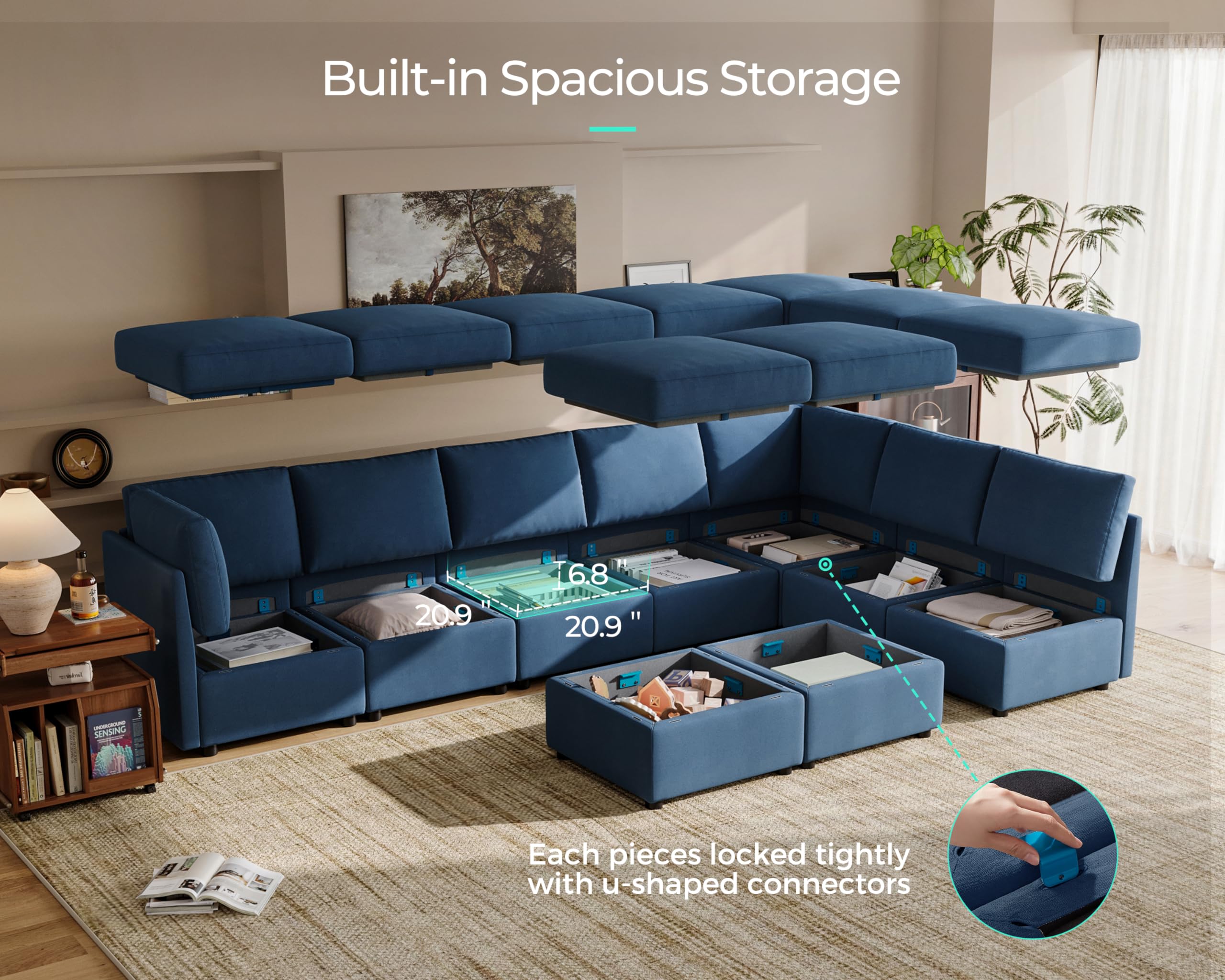 LINSY HOME Sectional Sleeper Sofa, Modular Couch with Memory Foam, Storage Under Each Seat, Sofa Covers Washable Changeable, 7-Seat Sectional Couch with 2 Ottomans, for Living Room, Grey