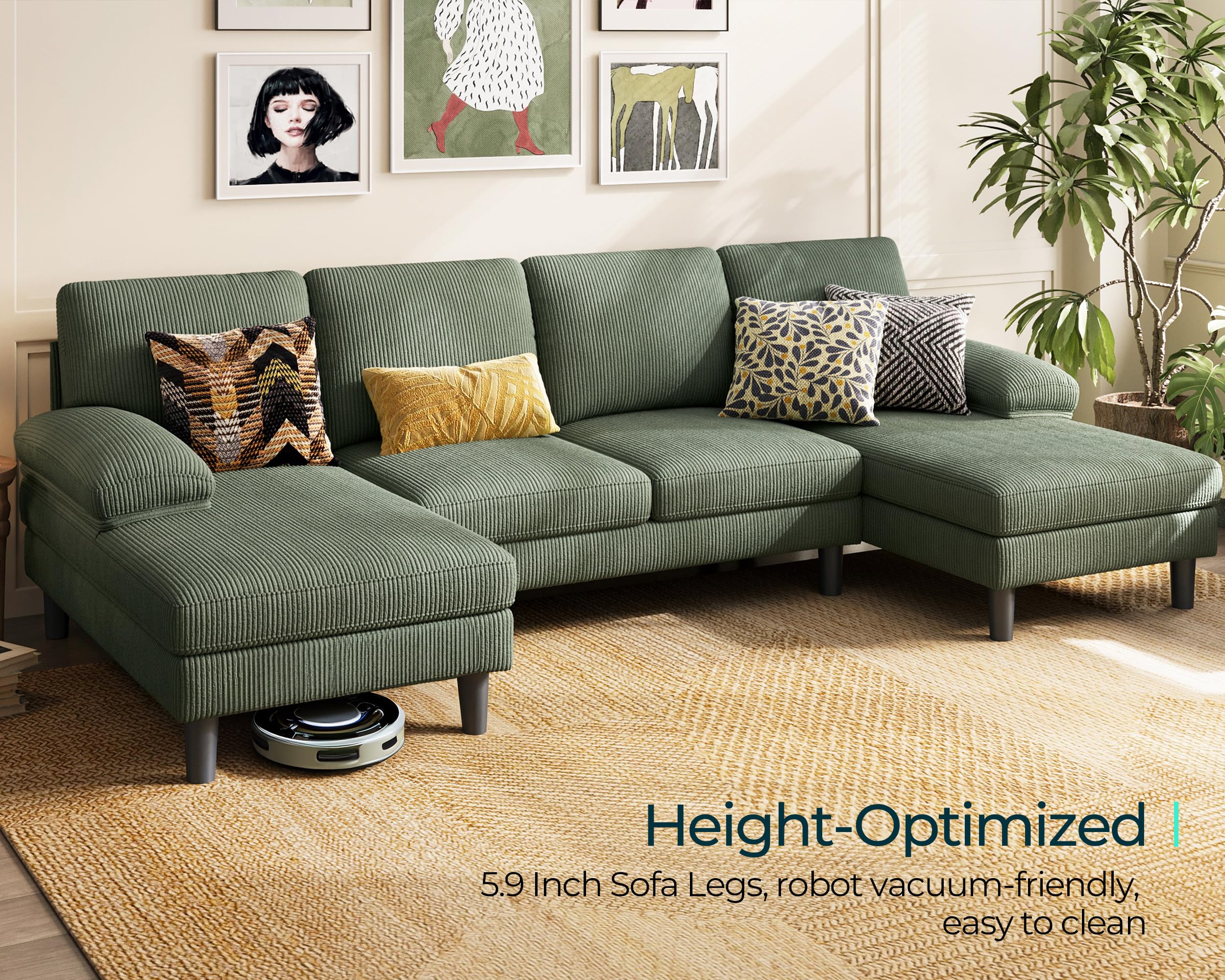 LINSY HOME U Sectional Couch, 111'' W Corduroy Sofa with Sleepable Armrests, 4 Seat Couch with Double Chaises, Deep Sofa for Living Room, Yellow