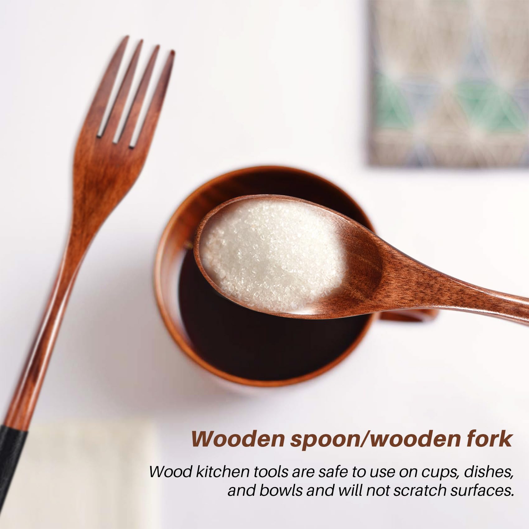Lizusidtsy Wooden Flatware Set, Wooden Portable Set Chopsticks Spoon Fork Tableware Dinnerware with Black Twining Thread