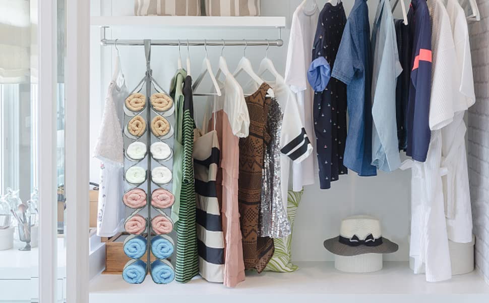 Leggings Storage Hanging Organizer,Storaging Hanger Roll Rack Holder for T-Shirt Jeans Gym Pants,RV Portable Closets Space Saver (Gray, 16 Compartments x 2Pack)