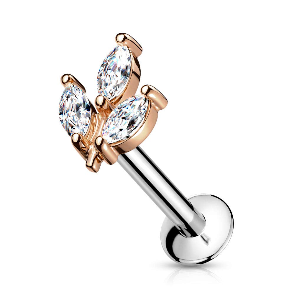 Dynamique 3 Marquise CZ Prong Set Threadless Top 316L Surgical Steel Push in Style Labret, Flat Back Stud (Sold Per Piece)
