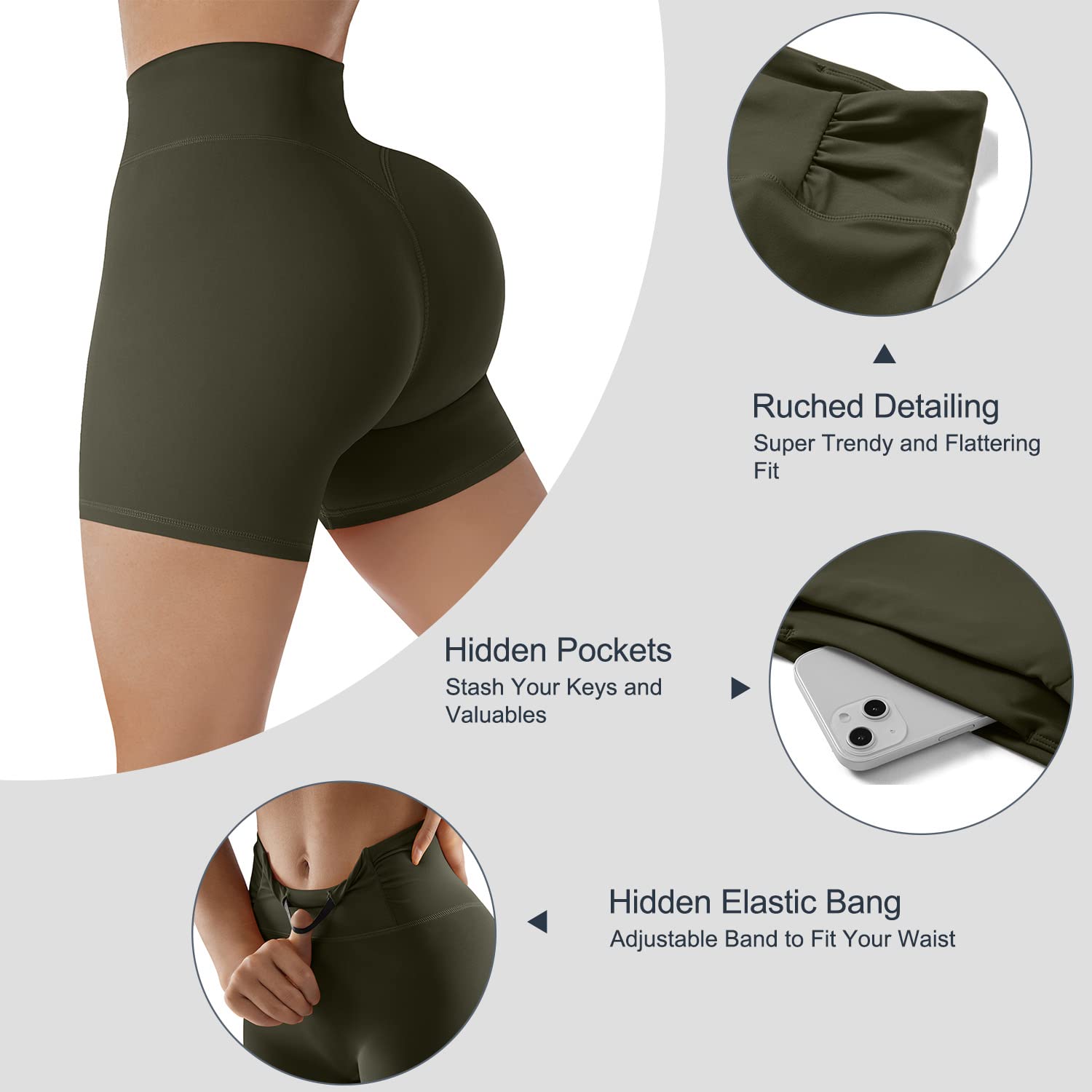 DOULAFASS Biker Shorts Women High Waist Compression Workout Shorts with Pockets (Small, 252-Army Green)