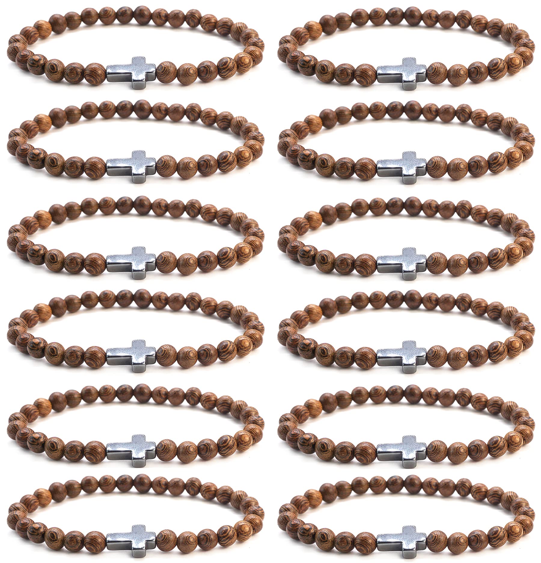 FIRAZIO 12Pcs Christian Prayer Beads Bracelet for Women Mens Wooden Beads Cross Bracelet Religious Mala Beaded Bracelets Fashion Jewelry 6mm/8mm