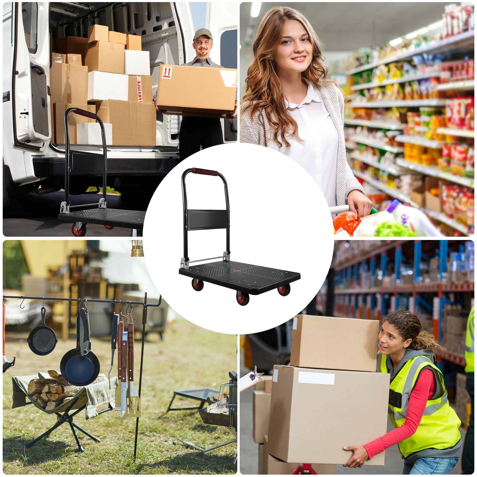 FRYPLS Folding Platform Truck Cart,36''×24'' 1420LBS Foldable Hand Push Flated Dolly Moving Cart with 360° 5'' TPR Rotatable Silent Strong Wheels for Warehouse, Supermarket, Agricultural Transportatio