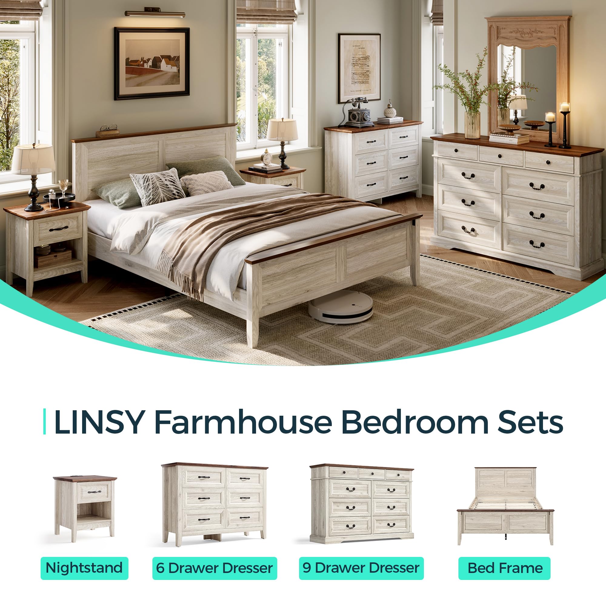 LINSY Wood Queen Bed Frame with Headboard, Farmhouse Bed Frame Queen Size with High Footboard, Wood Bed Fast Assembly, Noise-Free, No Box Spring Needed - Beige
