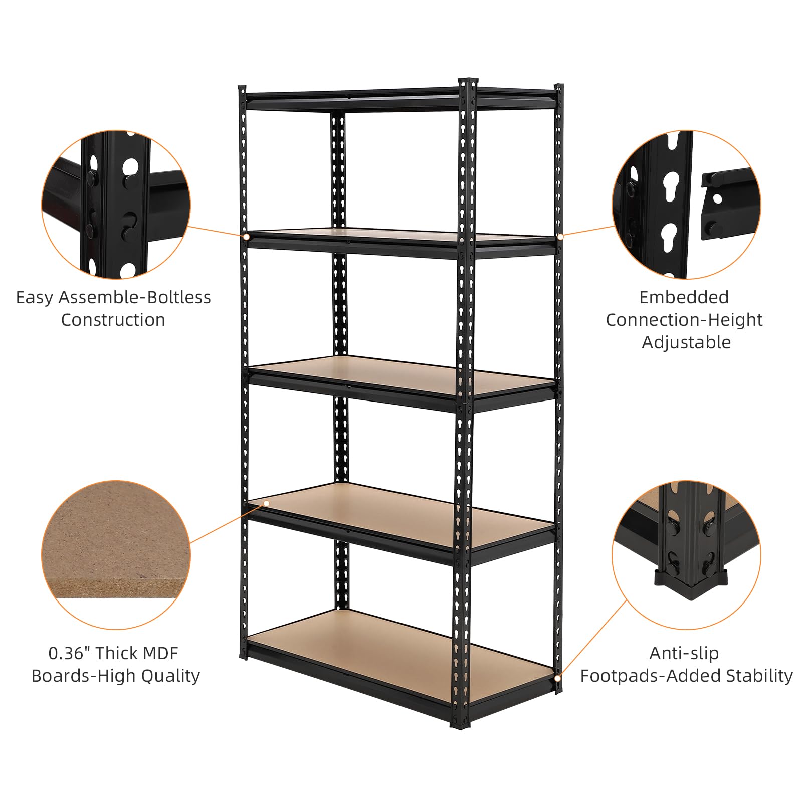 LinTimes Garage Shelving, 71" Garage Storage Shelves Heavy Duty Shelving Units, Loads 3860 Lbs, Adjustable 5 Tier Utility Shelves for Garage Basement Laundry, Utility Shelf Rack, Black
