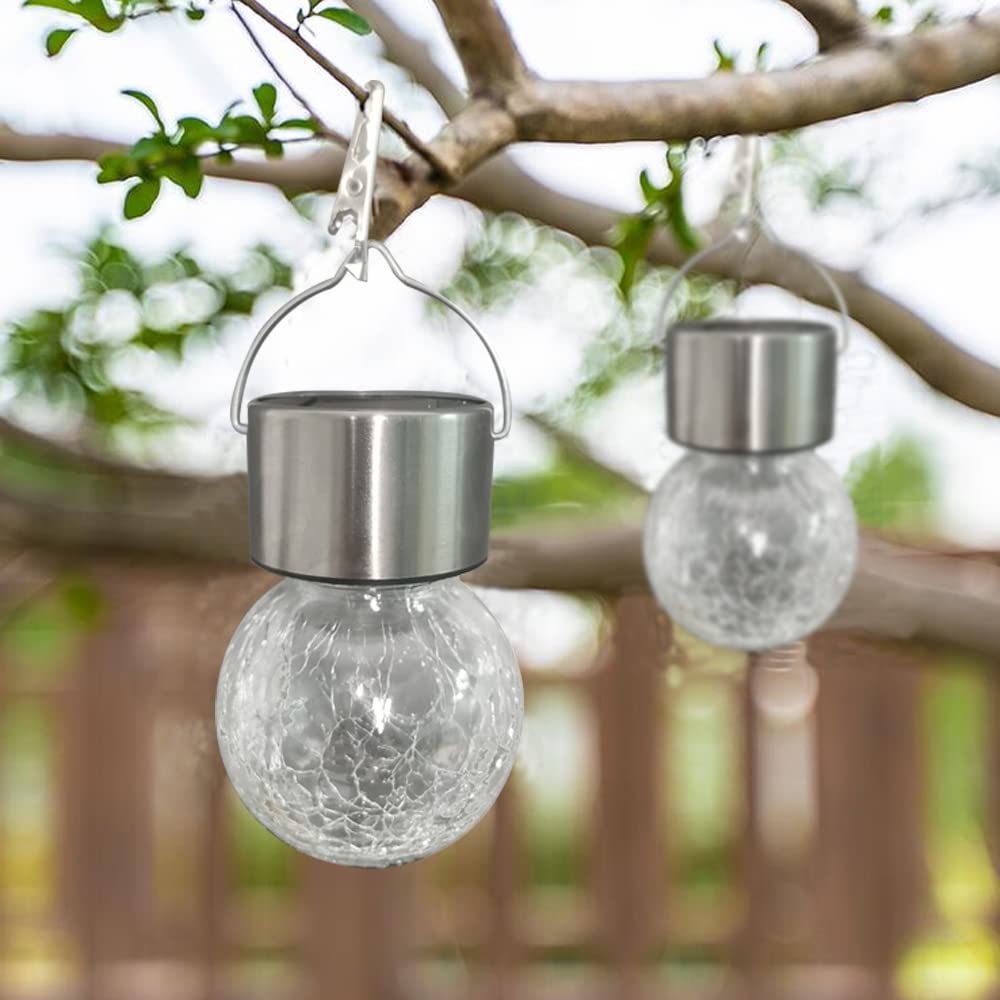 Enee ELee 12 Pack Hanging Solar Lights Outdoor Cracked Glass Ball Light Solar Powered Waterproof Outside Globe Lighting with Clips for Garden Yard Patio Trees Fence Decorations(Cool White)