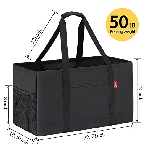 RVSNQ Extra Large Utility Tote Bag, Foldable Reusable Grocery Bags, Collapsible Tote with Metal Wire Frame & Reinforced Bottom Board, Stand up Large Utility Tote for Grocerie, Shopping, Storage(Black)