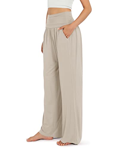 ODODOS Women's Wide Leg Palazzo Lounge Pants with Pockets Light Weight Loose Comfy Casual Pajama Pants-28 inseam, Light Beige, X-Large