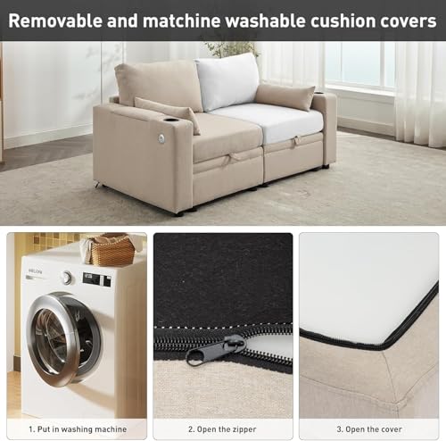 OHAHO Convertible Sectional Sofa Couch with Storage, Modern L-Shaped Sofa for Living Room with USB Port and Cup Holders (Beige, 2 Seater)