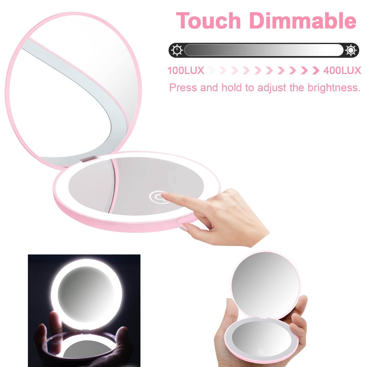 Kilobey LED Lighted Travel Makeup Mirror, 1x/10x Small Compact Magnifying Mirror, Mini Portable Folding Mirror for Purse, 3.5 inch Pocket Mirror, Handheld 2-Sided Mirror, Round, White