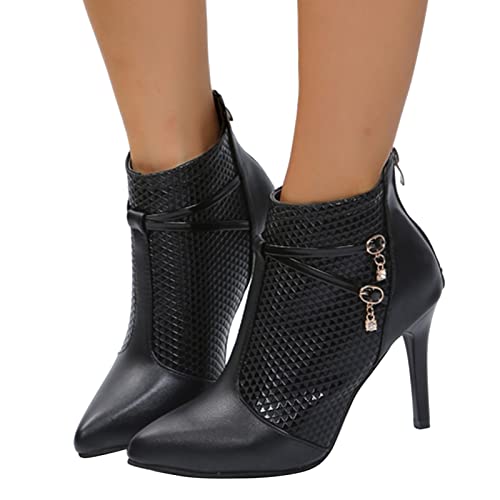 FASDNENDYS Saddle Shoes Women Ladies Fashion Solid Color Leather Back Zipper Pointed Toe Thin High Heel Booties High Heels Boots for Women Wide Black