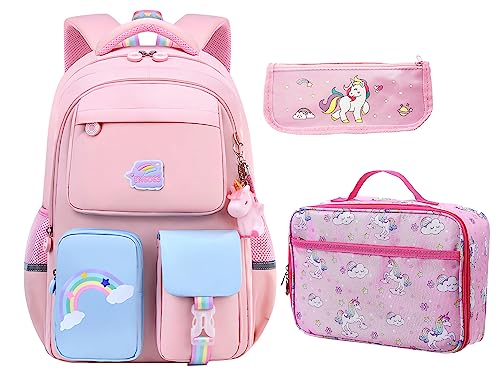 Rxudurp Pink Kids Unicorn Backpack For Girl,Cartoon Large Capacity Elementary Bookbag Lightweight Causal Travel Bag With Lunchbag