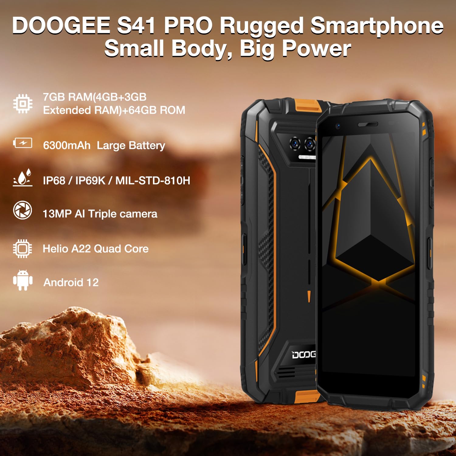 DOOGEE Rugged Smartphone,7GB+64GB S41 PRO Rugged Phone Unlocked,Android 12 Phone,6300mAh Battery,13MP Camera,IP68/IP69K Waterproof Phone,Face Unlock,4G Dual Sim NFC/T-Mobile,BT5.0,Orange