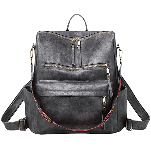 Leather Backpack Bag For Women,Unisex Travel Laptop Shoulder Purse Black Rucksack, A Large, Elegant, (Grey, One Size)