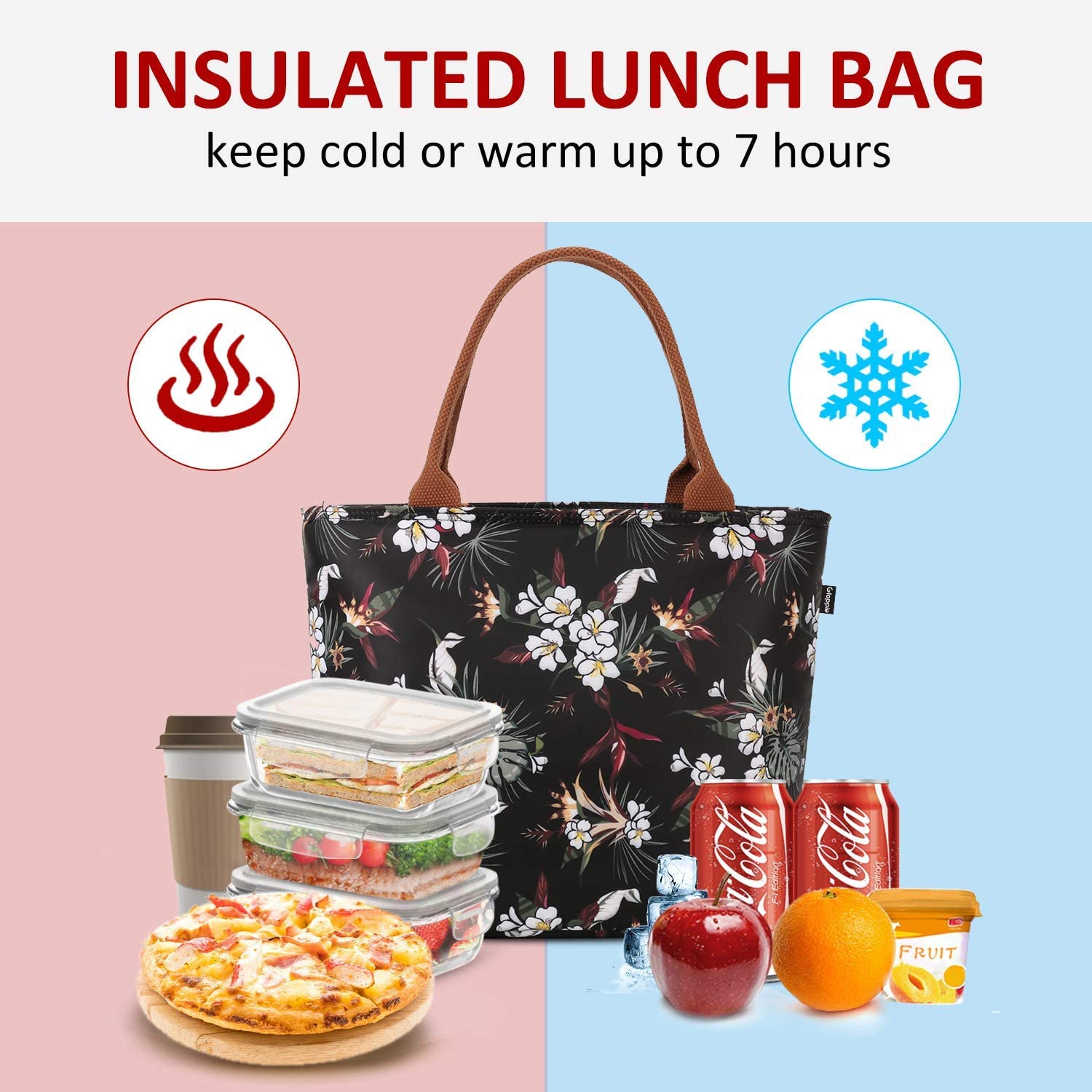 Gloppie Insulated Lunch Bags for Women Lunch Box Leak Proof Cooler Tote Purse Large Food Container Meal Prep for Work Beach Picnic 9L White Flower +Maple Leaf